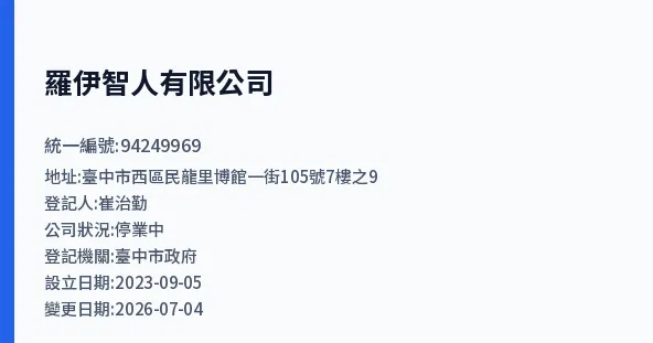 羅伊智人有限公司的照片-統編 94249969(臺中市) 公司登記資料與營業項目詳細圖表