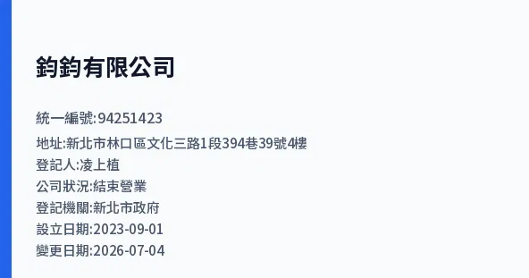 鈞鈞有限公司的照片-統編 94251423(新北市) 公司登記資料與營業項目詳細圖表