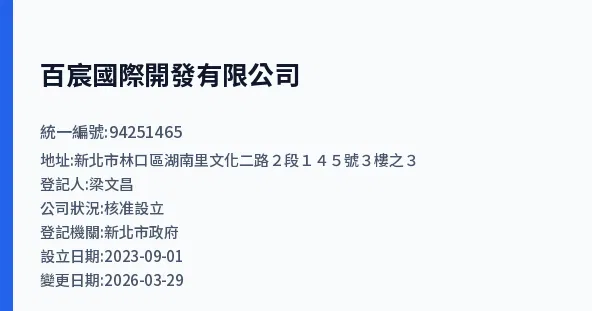 百宸國際開發有限公司的照片-統編 94251465(新北市) 公司登記資料與營業項目詳細圖表