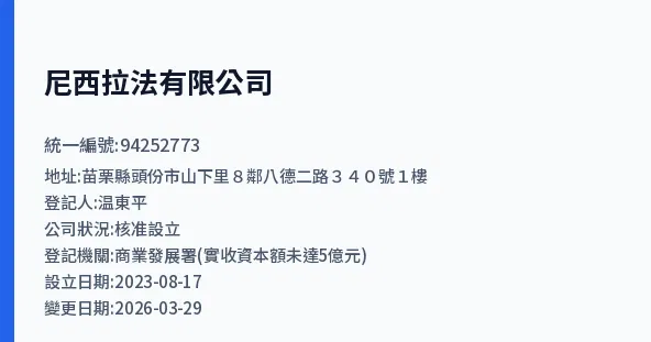 尼西拉法有限公司的照片-統編 94252773(苗栗縣) 公司登記資料與營業項目詳細圖表