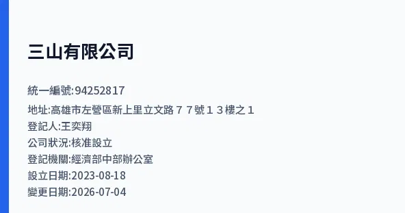 三山有限公司的照片-統編 94252817(高雄市) 公司登記資料與營業項目詳細圖表