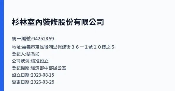 杉林室內裝修股份有限公司的照片-統編 94252859(嘉義市) 公司登記資料與營業項目詳細圖表