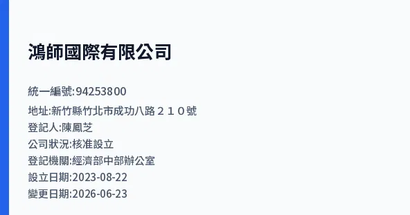 鴻師國際有限公司的照片-統編 94253800(新竹縣) 公司登記資料與營業項目詳細圖表