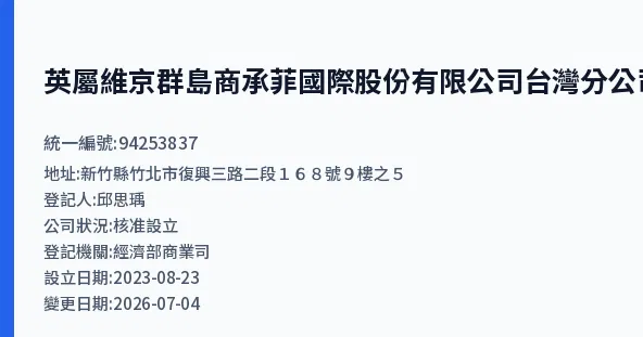 英屬維京群島商承菲國際股份有限公司台灣分公司的照片-統編 94253837(新竹縣) 公司登記資料與營業項目詳細圖表