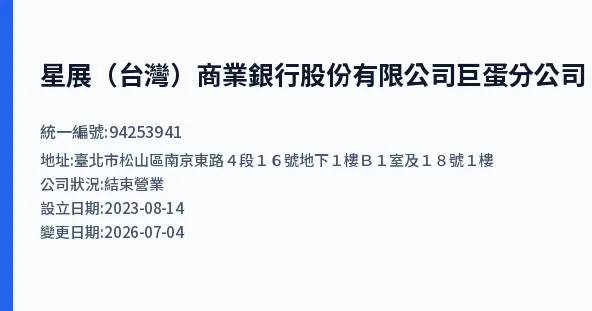 星展(台灣)商業銀行股份有限公司巨蛋分公司的照片-統編 94253941(臺北市) 公司登記資料與營業項目詳細圖表