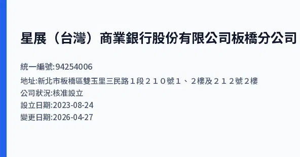 星展(台灣)商業銀行股份有限公司板橋分公司的照片-統編 94254006(新北市) 公司登記資料與營業項目詳細圖表
