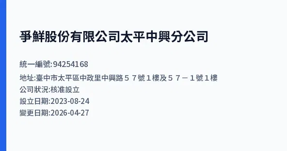 爭鮮股份有限公司太平中興分公司的照片-統編 94254168(臺中市) 公司登記資料與營業項目詳細圖表