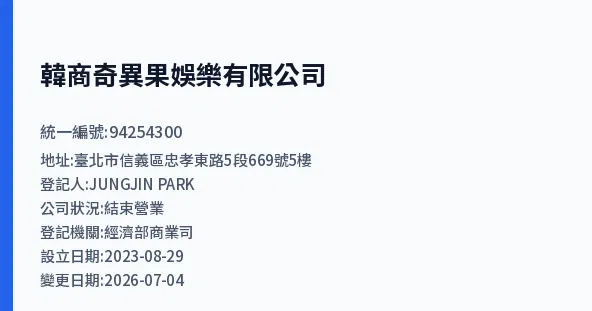 韓商奇異果娛樂有限公司的照片-統編 94254300(臺北市) 公司登記資料與營業項目詳細圖表