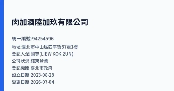 肉加酒陸加玖有限公司的照片-統編 94254596(臺北市) 公司登記資料與營業項目詳細圖表