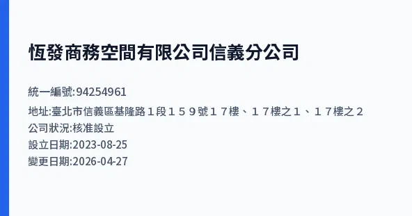 恆發商務空間有限公司信義分公司的照片-統編 94254961(臺北市) 公司登記資料與營業項目詳細圖表
