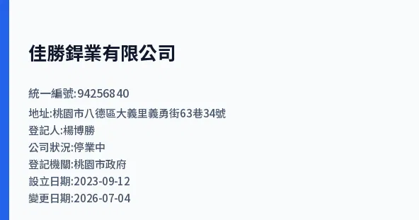 佳勝銲業有限公司的照片-統編 94256840(桃園市) 公司登記資料與營業項目詳細圖表
