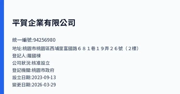 平賀企業有限公司的照片-統編 94256980(桃園市) 公司登記資料與營業項目詳細圖表