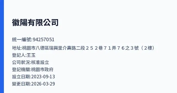 徽陽有限公司的照片-統編 94257051(桃園市) 公司登記資料與營業項目詳細圖表