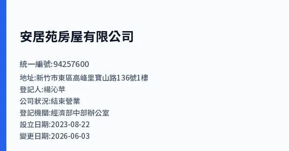 安居苑房屋有限公司的照片-統編 94257600(新竹市) 公司登記資料與營業項目詳細圖表