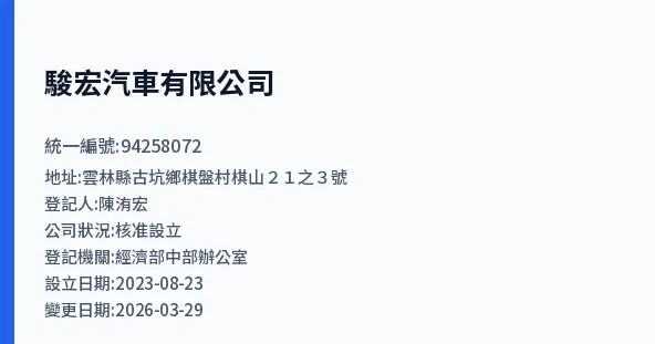 駿宏汽車有限公司的照片-統編 94258072(雲林縣) 公司登記資料與營業項目詳細圖表