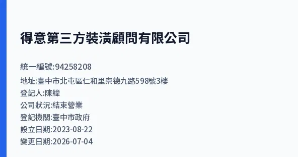 得意第三方裝潢顧問有限公司的照片-統編 94258208(臺中市) 公司登記資料與營業項目詳細圖表