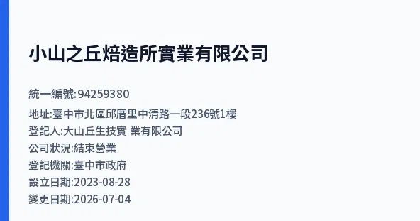 小山之丘焙造所實業有限公司的照片-統編 94259380(臺中市) 公司登記資料與營業項目詳細圖表