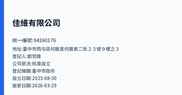 佳維有限公司的照片-統編 94260176(臺中市) 公司登記資料與營業項目詳細圖表