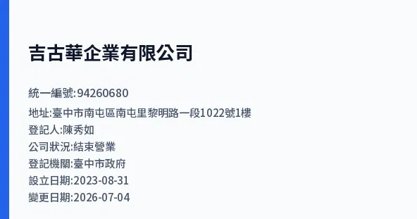 吉古華企業有限公司的照片-統編 94260680(臺中市) 公司登記資料與營業項目詳細圖表