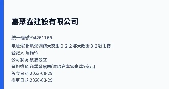 嘉聚鑫建設有限公司的照片-統編 94261169(彰化縣) 公司登記資料與營業項目詳細圖表