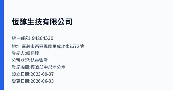 恆醇生技有限公司的照片-統編 94264530(嘉義市) 公司登記資料與營業項目詳細圖表