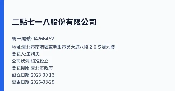 二點七一八股份有限公司的照片-統編 94266452(臺北市) 公司登記資料與營業項目詳細圖表