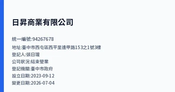 日昇商業有限公司的照片-統編 94267678(臺中市) 公司登記資料與營業項目詳細圖表