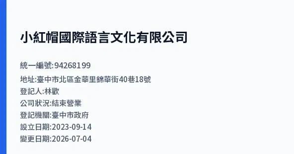 小紅帽國際語言文化有限公司的照片-統編 94268199(臺中市) 公司登記資料與營業項目詳細圖表