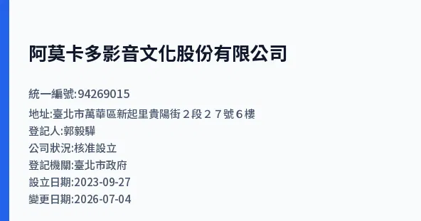 阿莫卡多影音文化股份有限公司的照片-統編 94269015(臺北市) 公司登記資料與營業項目詳細圖表