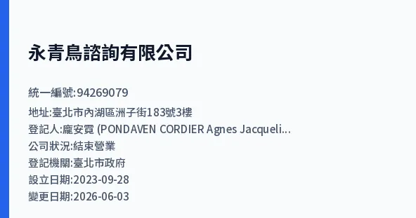 永青鳥諮詢有限公司的照片-統編 94269079(臺北市) 公司登記資料與營業項目詳細圖表