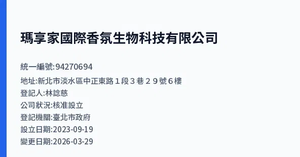 瑪享家國際香氛生物科技有限公司的照片-統編 94270694(新北市) 公司登記資料與營業項目詳細圖表