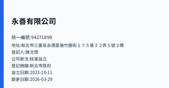 永善有限公司的照片-統編 94271899(新北市) 公司登記資料與營業項目詳細圖表