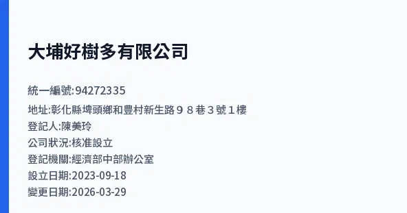 大埔好樹多有限公司的照片-統編 94272335(彰化縣) 公司登記資料與營業項目詳細圖表