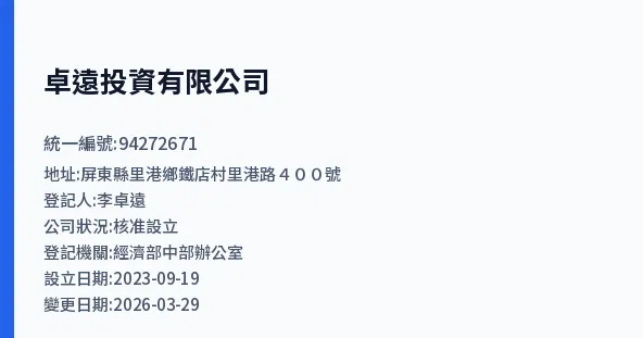 卓遠投資有限公司的照片-統編 94272671(屏東縣) 公司登記資料與營業項目詳細圖表