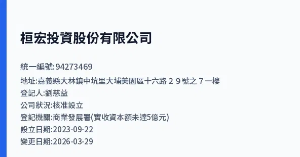 桓宏投資股份有限公司的照片-統編 94273469(嘉義縣) 公司登記資料與營業項目詳細圖表