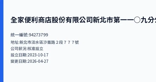 全家便利商店股份有限公司新北市第一一○九分公司的照片-統編 94273799(新北市) 公司登記資料與營業項目詳細圖表