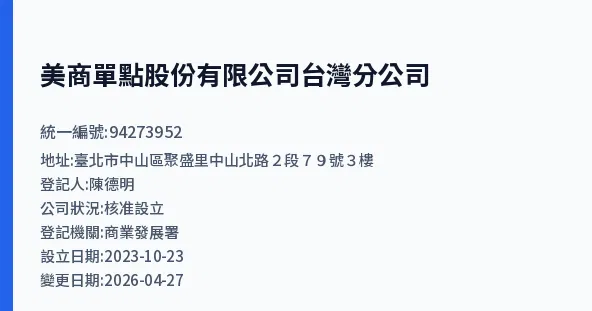 美商單點股份有限公司台灣分公司的照片-統編 94273952(臺北市) 公司登記資料與營業項目詳細圖表