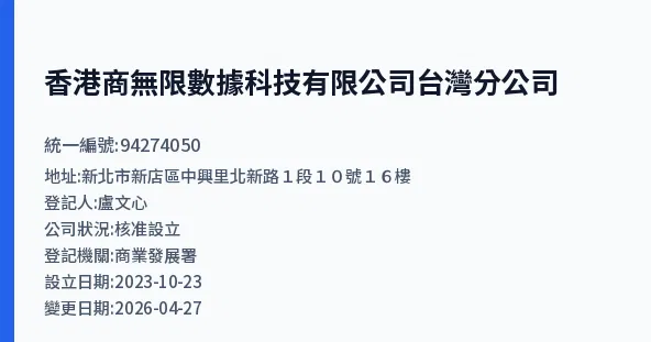 香港商無限數據科技有限公司台灣分公司的照片-統編 94274050(新北市) 公司登記資料與營業項目詳細圖表