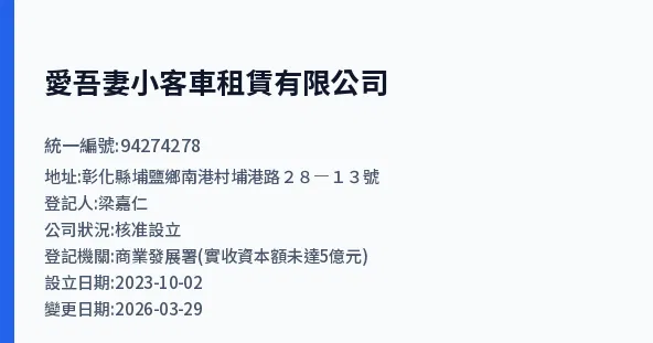 愛吾妻小客車租賃有限公司的照片-統編 94274278(彰化縣) 公司登記資料與營業項目詳細圖表