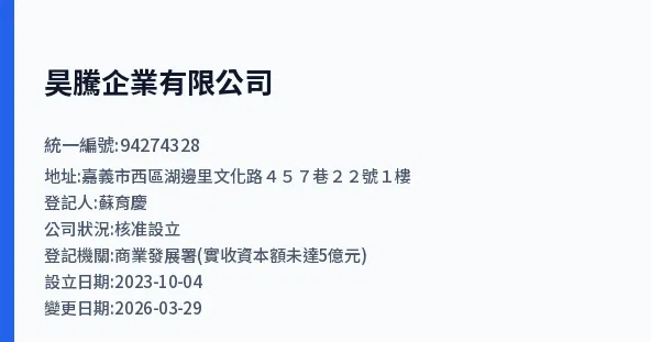 昊騰企業有限公司的照片-統編 94274328(嘉義市) 公司登記資料與營業項目詳細圖表