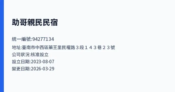 助哥親民民宿的照片-統編 94277134(臺南市) 公司登記資料與營業項目詳細圖表