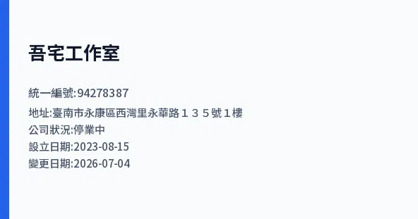 吾宅工作室的照片-統編 94278387(臺南市) 公司登記資料與營業項目詳細圖表