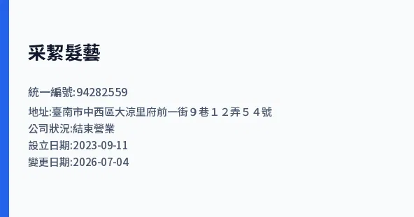 采絜髮藝的照片-統編 94282559(臺南市) 公司登記資料與營業項目詳細圖表