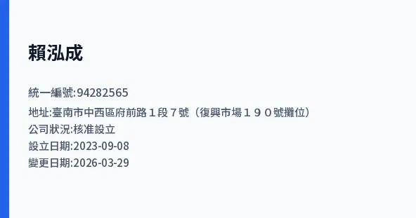 賴泓成的照片-統編 94282565(臺南市) 公司登記資料與營業項目詳細圖表