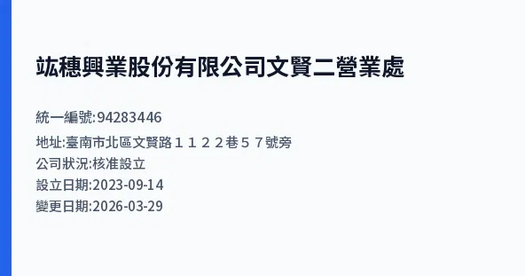 竑穗興業股份有限公司文賢二營業處的照片-統編 94283446(臺南市) 公司登記資料與營業項目詳細圖表
