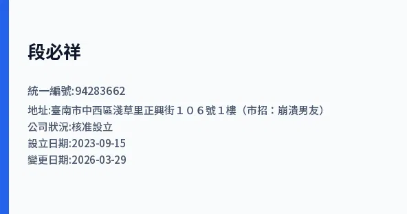 段必祥的照片-統編 94283662(臺南市) 公司登記資料與營業項目詳細圖表