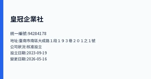 皇冠企業社的照片-統編 94284178(臺南市) 公司登記資料與營業項目詳細圖表