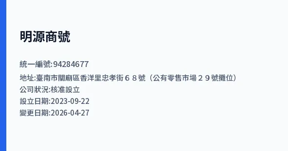 明源商號的照片-統編 94284677(臺南市) 公司登記資料與營業項目詳細圖表