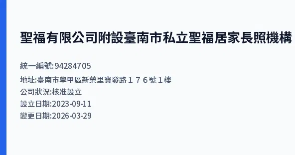 聖福有限公司附設臺南市私立聖福居家長照機構的照片-統編 94284705(臺南市) 公司登記資料與營業項目詳細圖表