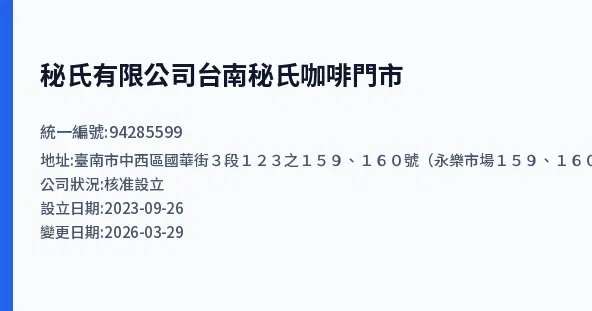秘氏有限公司台南秘氏咖啡門市的照片-統編 94285599(臺南市) 公司登記資料與營業項目詳細圖表